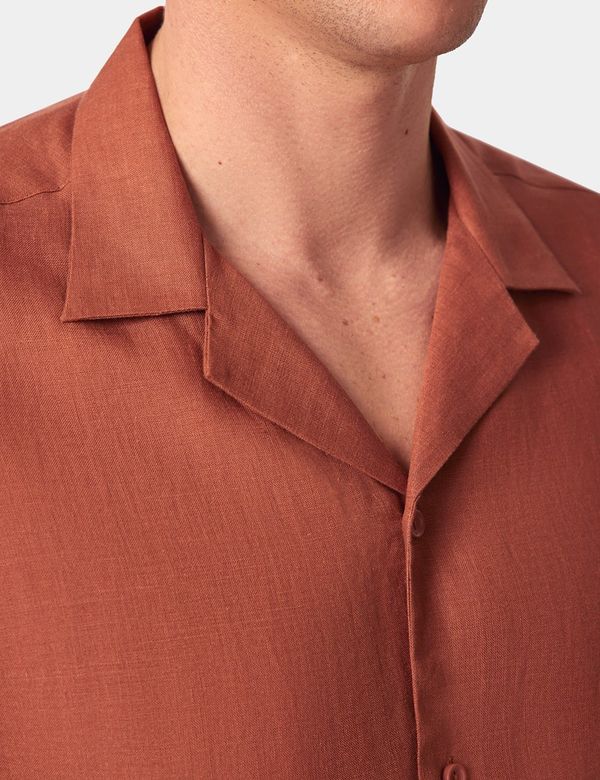 Rust Pure Linen Slim Shirt - Short Sleeve - Revere Collar | Hawes & Curtis