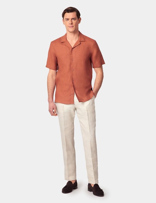 Rust Pure Linen Slim Shirt - Short Sleeve - Revere Collar | Hawes & Curtis
