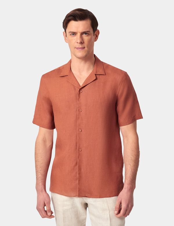 Rust Pure Linen Slim Shirt - Short Sleeve - Revere Collar | Hawes & Curtis