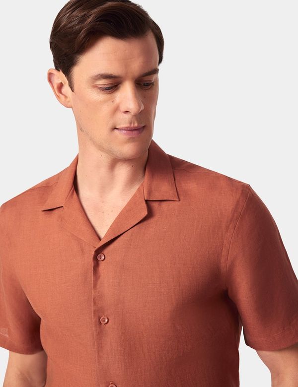 Rust Pure Linen Slim Shirt - Short Sleeve - Revere Collar | Hawes & Curtis