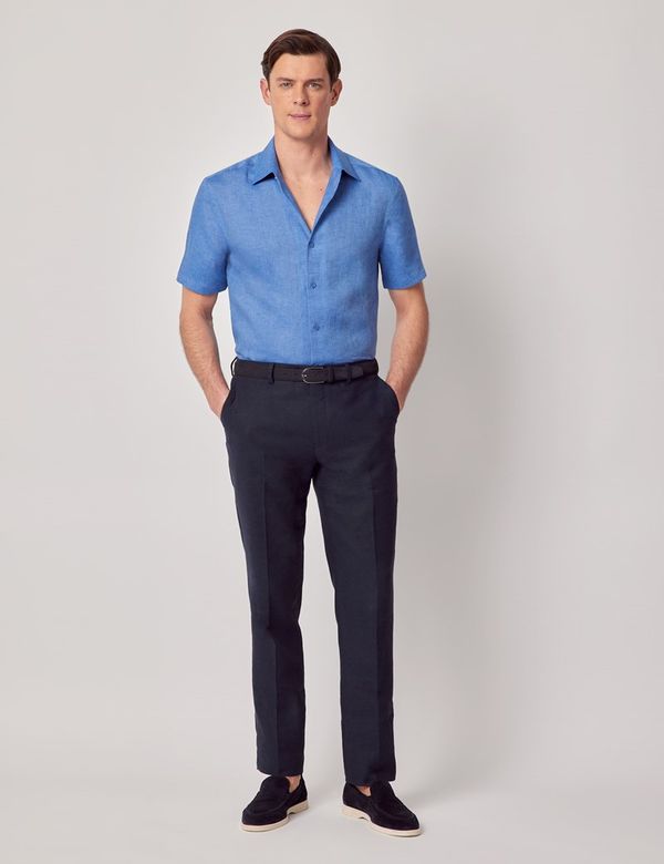 Men's Mid Blue Linen Slim Shirt - Short Sleeve | Hawes & Curtis