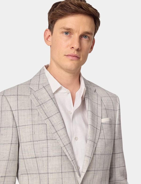 Men's Grey Windowpane Check Linen-Wool Blend Blazer - 1913 Collection ...