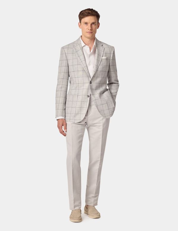Men's Grey Windowpane Check Linen-Wool Blend Blazer - 1913 Collection ...