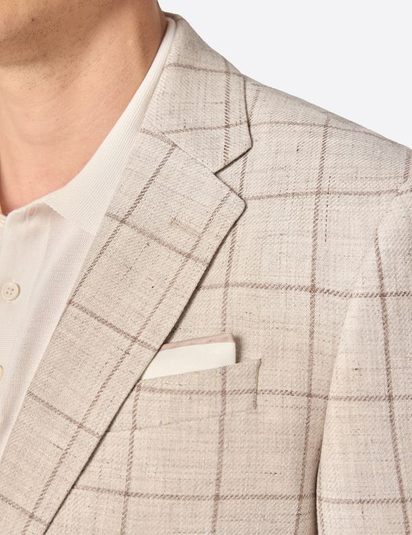 Men's Beige Windowpane Check Linen-Wool Blend Blazer - 1913 Collection ...
