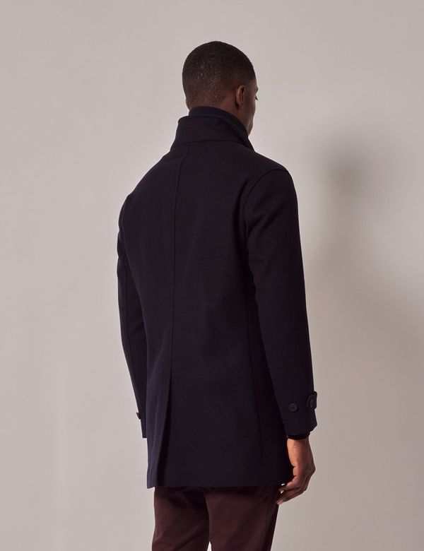 Men's Navy Wool Funnel Neck Coat | Hawes and Curtis