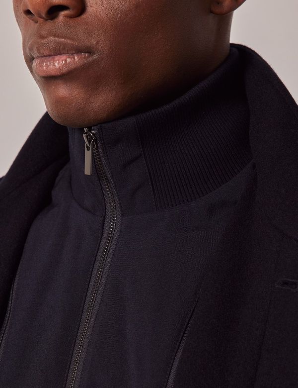 Men's Navy Wool Funnel Neck Coat | Hawes and Curtis