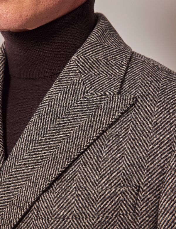 Men's Grey Wool Rich Double Breasted Herringbone Coat | Hawes and Curtis