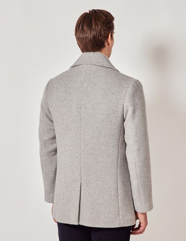 Men's Grey Herringbone Wool Peacoat | Hawes and Curtis