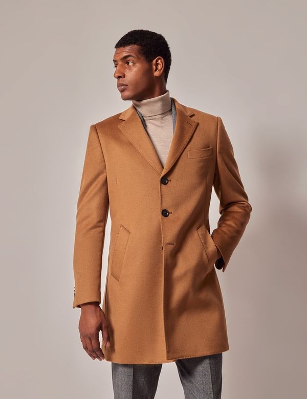 Men’s Tan Overcoat with Single Back Vent | Hawes & Curtis