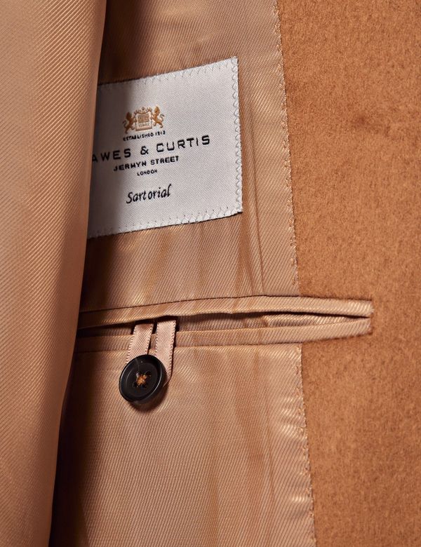 Men’s Tan Overcoat with Single Back Vent | Hawes & Curtis