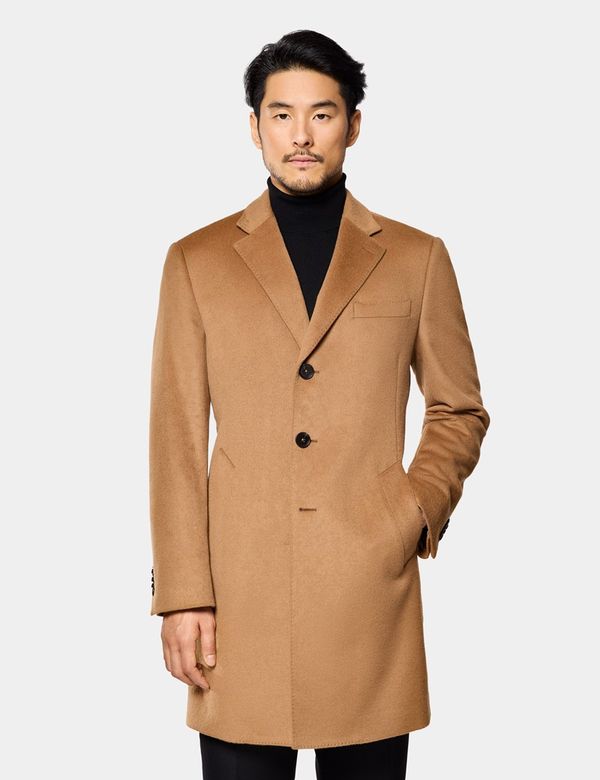 Men’s Tan Overcoat with Single Back Vent | Hawes & Curtis