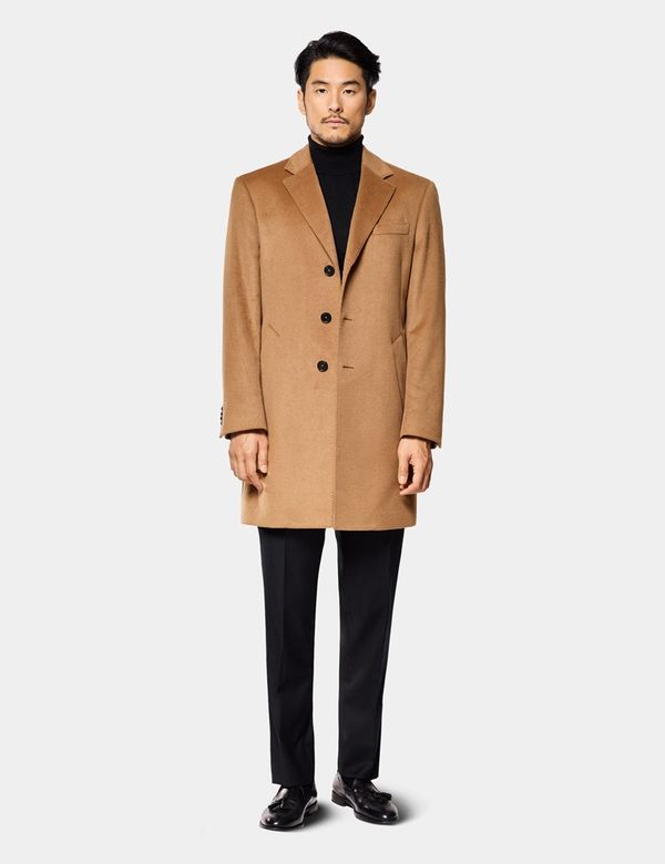 Men’s Tan Overcoat with Single Back Vent | Hawes & Curtis