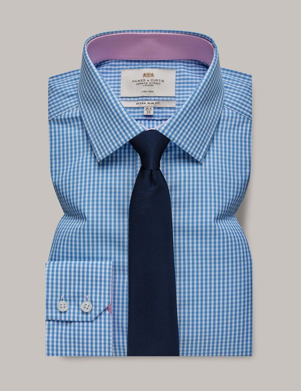Men's Non-Iron Blue & White Gingham Check Extra Slim Shirt - Contrast Detail | Hawes & Curtis