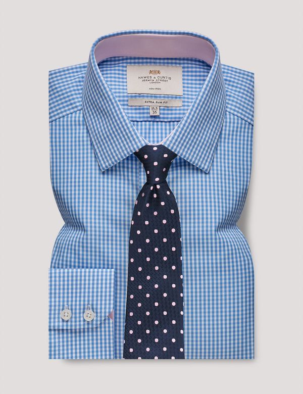 Men's Non-Iron Blue & White Gingham Extra Slim Shirt - Contrast Detail | Hawes & Curtis