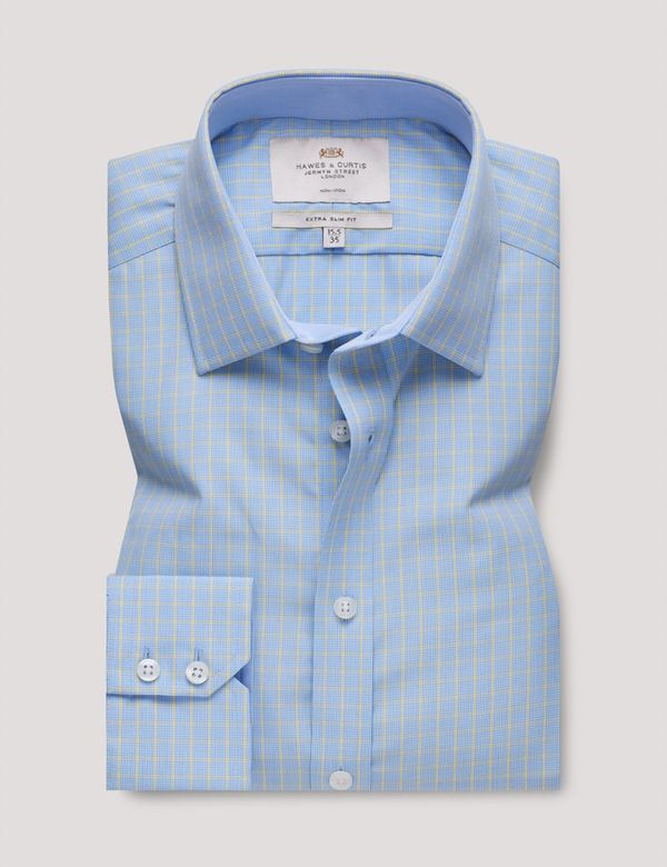Men's Non-Iron Blue & Yellow Check Extra Slim Shirt - Contrast Detail | Hawes & Curtis