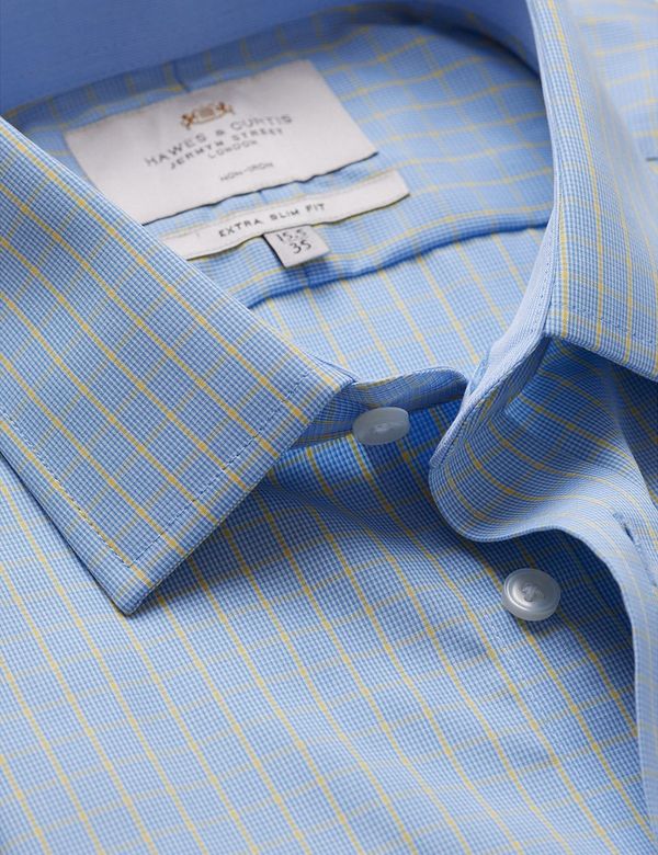 Men's Non-Iron Blue & Yellow Check Extra Slim Shirt - Contrast Detail ...