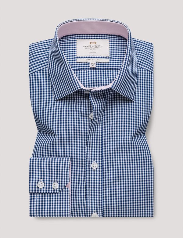 Men's Non-Iron Navy & White Gingham Check Extra Slim Shirt - Contrast ...
