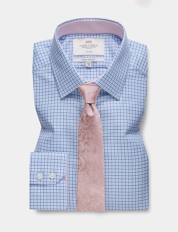 Men's Non-Iron Blue & Navy Check Extra Slim Fit Shirt - Contrast Detail | Hawes & Curtis
