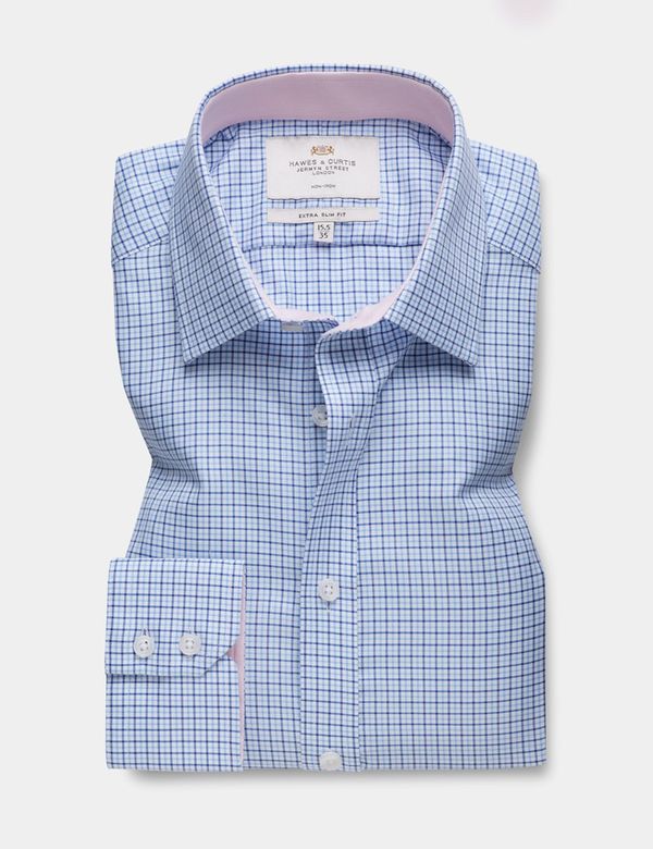 Men's Non-Iron Blue & Navy Check Extra Slim Fit Shirt - Contrast Detail | Hawes & Curtis