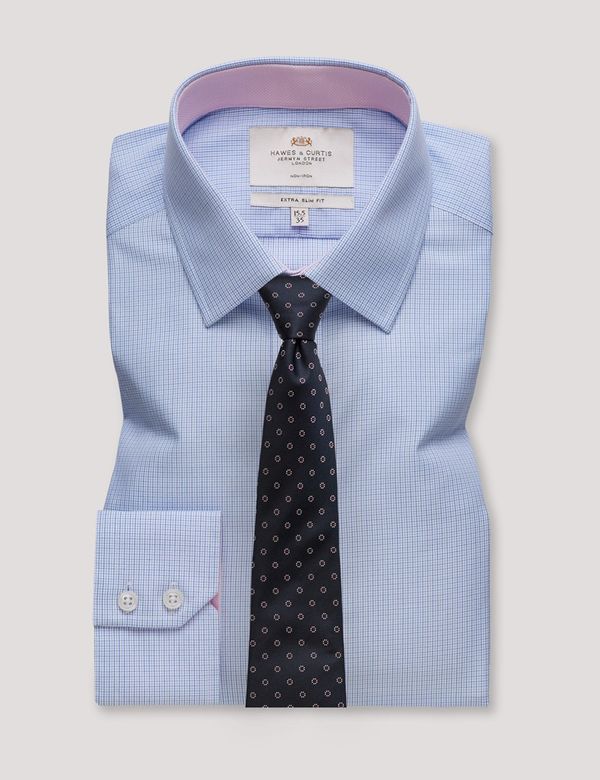Men's Non-Iron Navy & Blue Small Check Extra Slim Fit Shirt - Contrast ...
