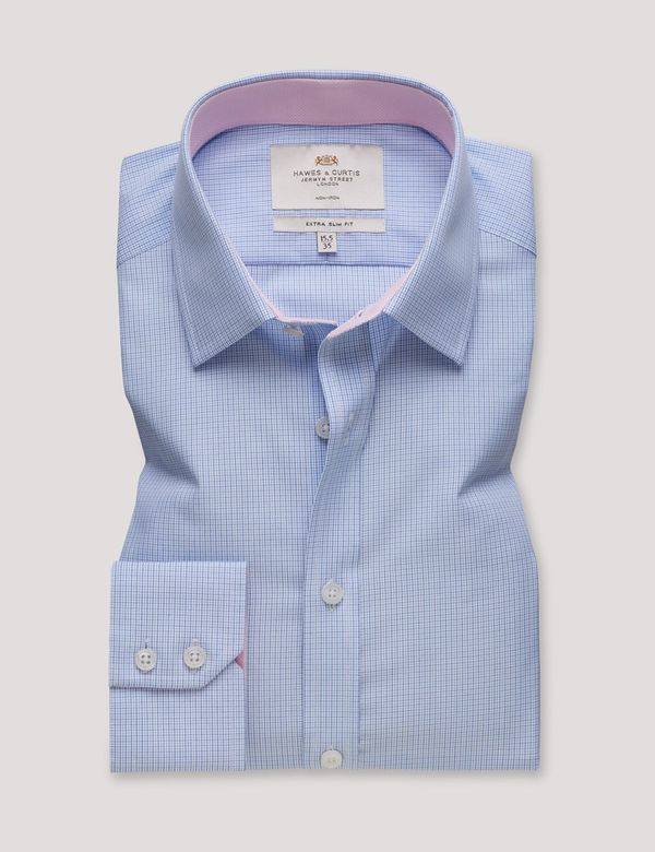 Men's Non-Iron Navy & Blue Small Check Extra Slim Fit Shirt - Contrast Detail | Hawes & Curtis