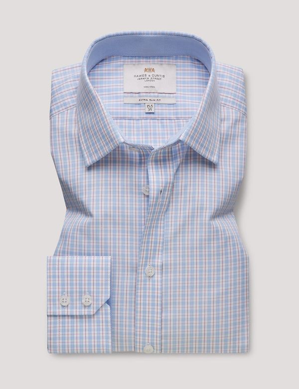 Men's Non-Iron Blue & Red Multi Check Extra Slim Fit Shirt - Contrast Detail | Hawes & Curtis