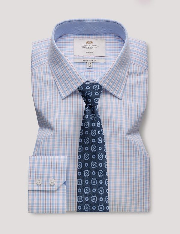 Men's Non-Iron Blue & Red Multi Check Extra Slim Fit Shirt - Contrast Detail | Hawes & Curtis