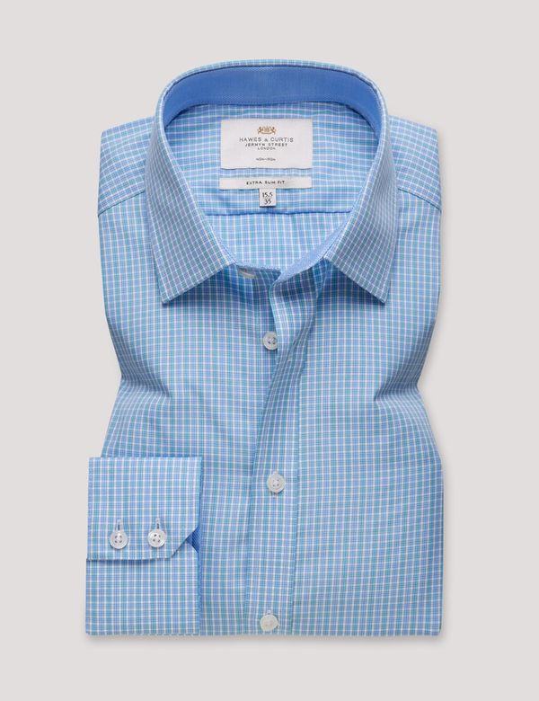 Men's Blue & Turquoise Multi Check Extra Slim Fit Shirt - Contrast Detail | Hawes & Curtis