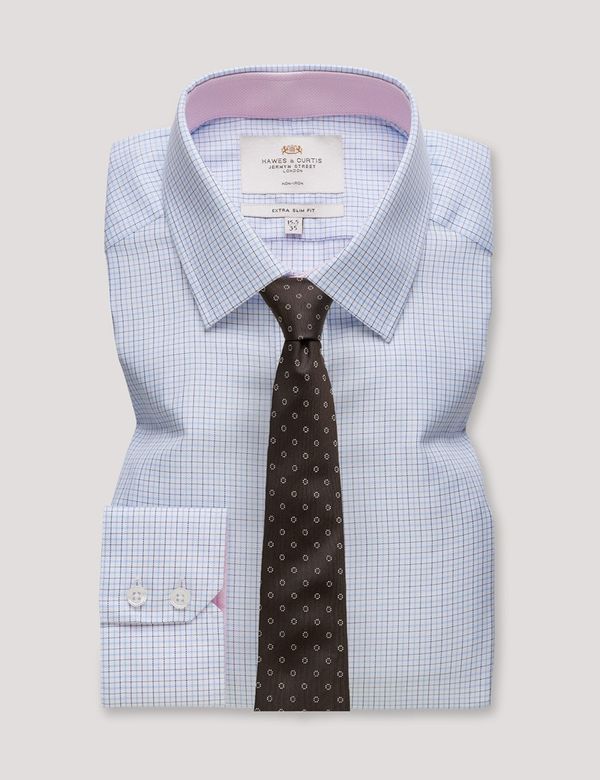 Men's Non-Iron Navy & Blue Multi Check Extra Slim Fit Shirt - Contrast Detail | Hawes & Curtis