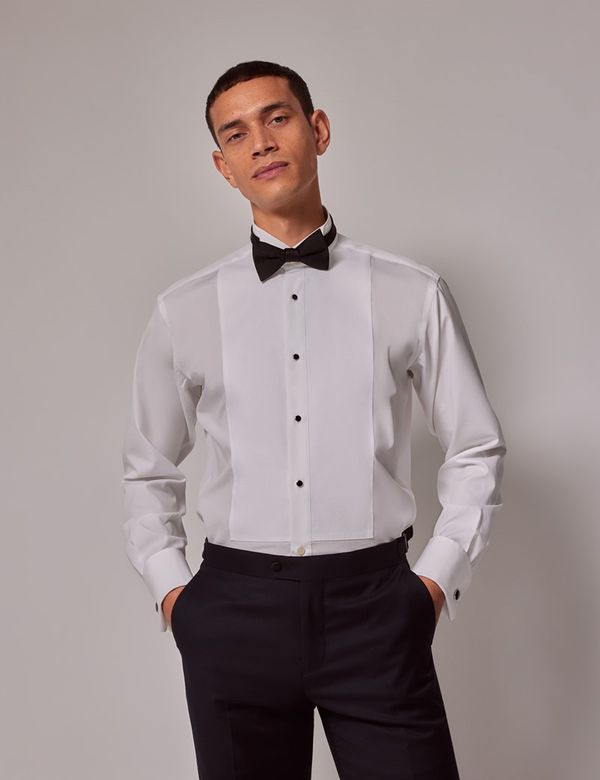 Men's White Waffle Slim Fit Evening Shirt - Wing Collar - Double Cuff