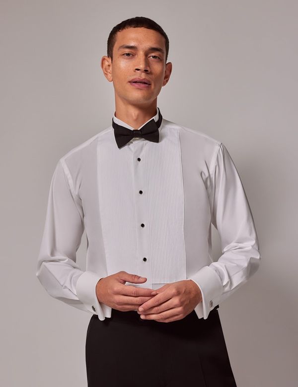 Men's White Pleat Front Slim Evening Shirt With Wing Collar - Double Cuff