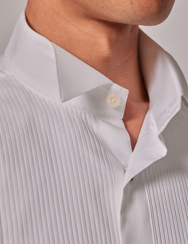 Men's White Pleat Front Slim Evening Shirt With Wing Collar - French Cuff