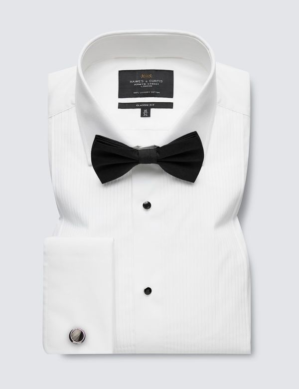 Men's White Pleat Front Classic Evening Shirt - Double Cuff | Hawes ...