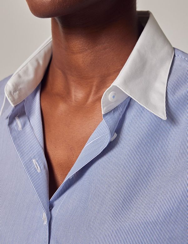 Women's Blue & White Fine Stripe Fitted Shirt With White Collar and Cuffs
