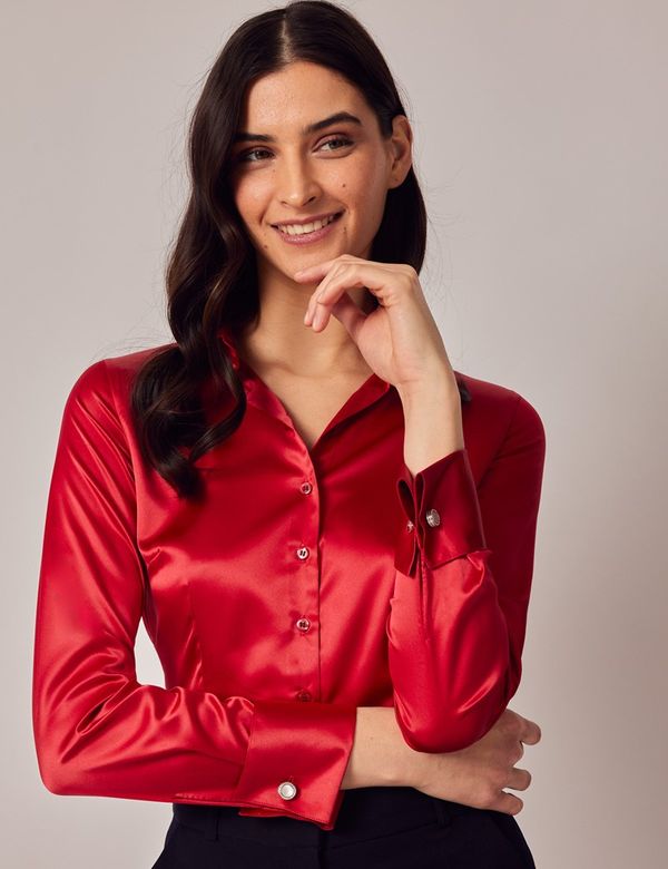 Women's Red Fitted Satin Shirt - Double Cuffs