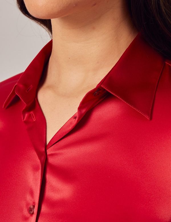 Women's Red Fitted Satin Shirt - Double Cuffs
