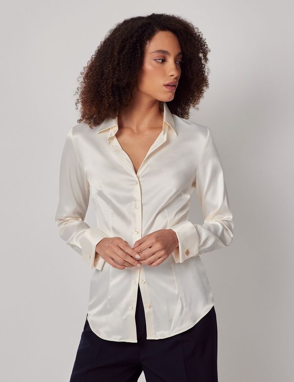 Women's Cream Fitted Satin Shirt - Double Cuff | Hawes & Curtis