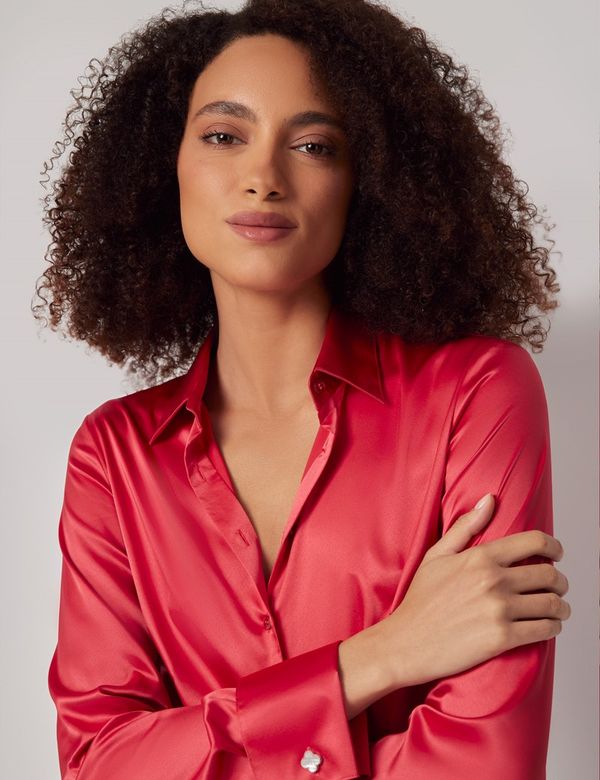 Women's Red Fitted Satin Shirt - Double Cuff | Hawes & Curtis