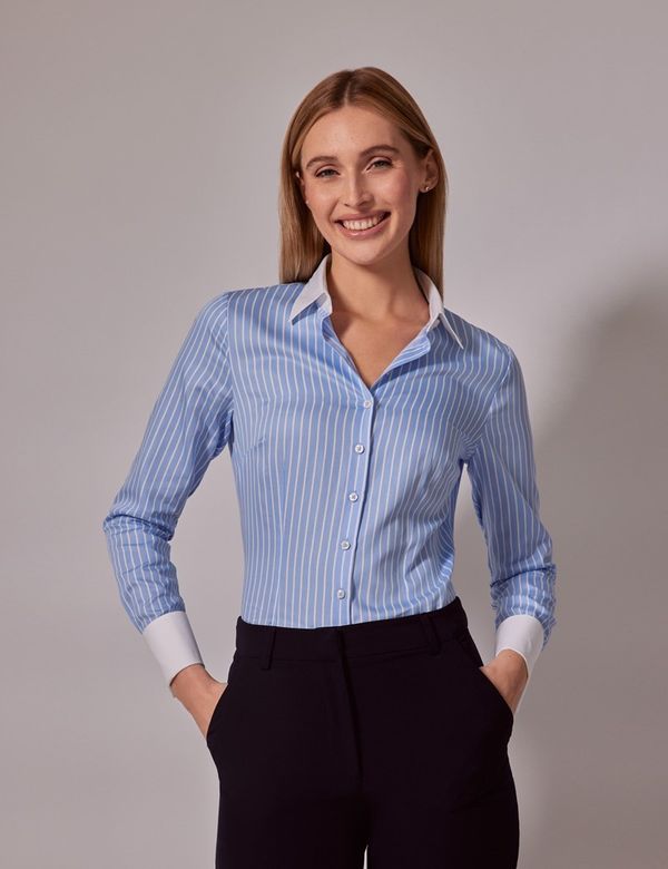 Women's Blue & White Fine Stripe Fitted Shirt - White Collar and Cuffs ...