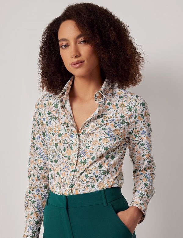 Women's White & Green Vintage Floral Cotton Stretch Fitted Shirt ...