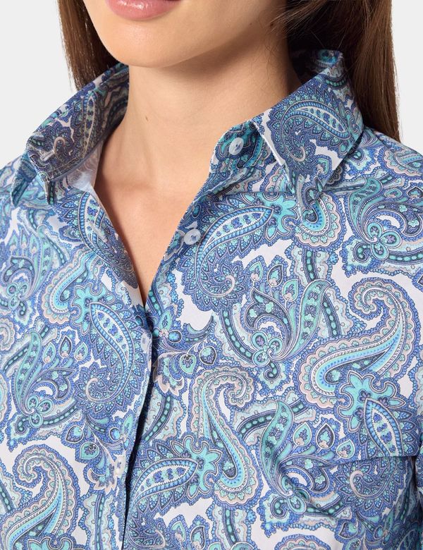 Women's Fitted White & Blue Paisley Shirt | Hawes & Curtis
