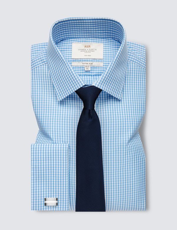 Non-Iron Blue & White Gingham Check Fitted Slim Shirt - Semi Cutaway Collar - Double Cuffs ...