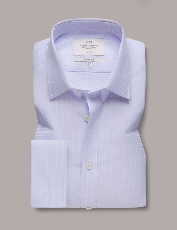 Men's Non-Iron Lilac & White Mini Check Fitted Slim Fit Shirt - Double ...