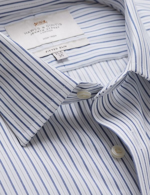 Non-Iron Navy & White Stripe Fitted Slim Fit Shirt - French Cuff ...