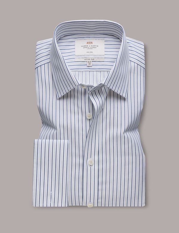 Non-Iron Navy & White Stripe Fitted Slim Fit Shirt - French Cuff ...