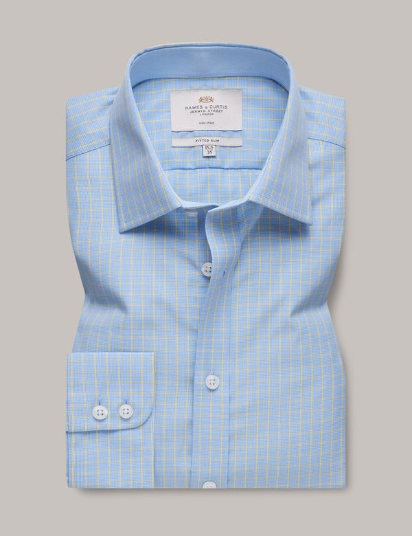 Men's Non-Iron Blue & Yellow Check Fitted Slim Shirt - Contrast Detail | Hawes & Curtis