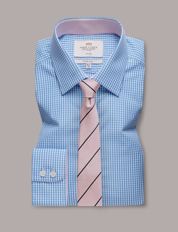 Men's Non-Iron Blue & White Gingham Check Fitted Slim Fit Shirt - Contrast Detail | Hawes & Curtis