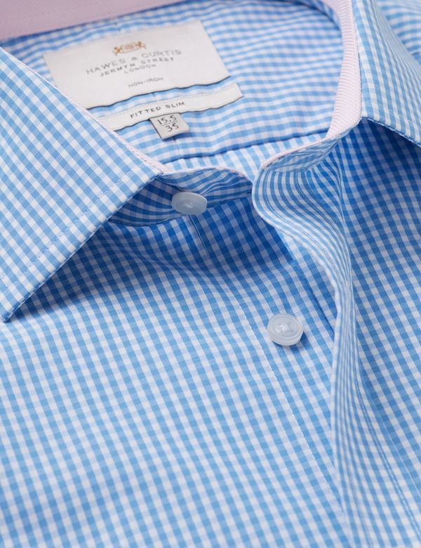 Men's Non-Iron Blue & White Gingham Check Fitted Slim Fit Shirt - Contrast Detail | Hawes & Curtis