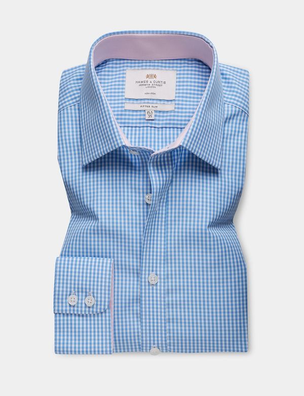 Men's Non-Iron Blue & White Gingham Check Fitted Slim Fit Shirt - Contrast Detail | Hawes & Curtis