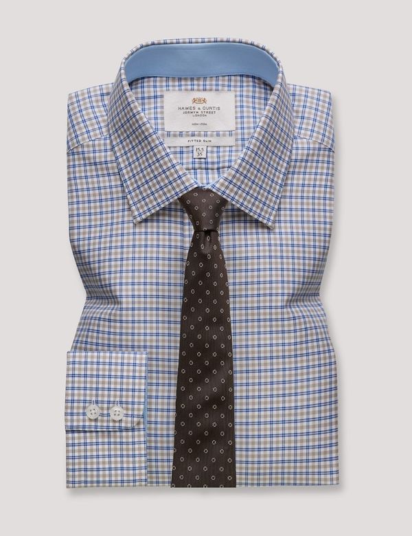 Men's Non-Iron Blue & Brown Multi Check Fitted Slim Fit Shirt - Contrast Detail | Hawes & Curtis